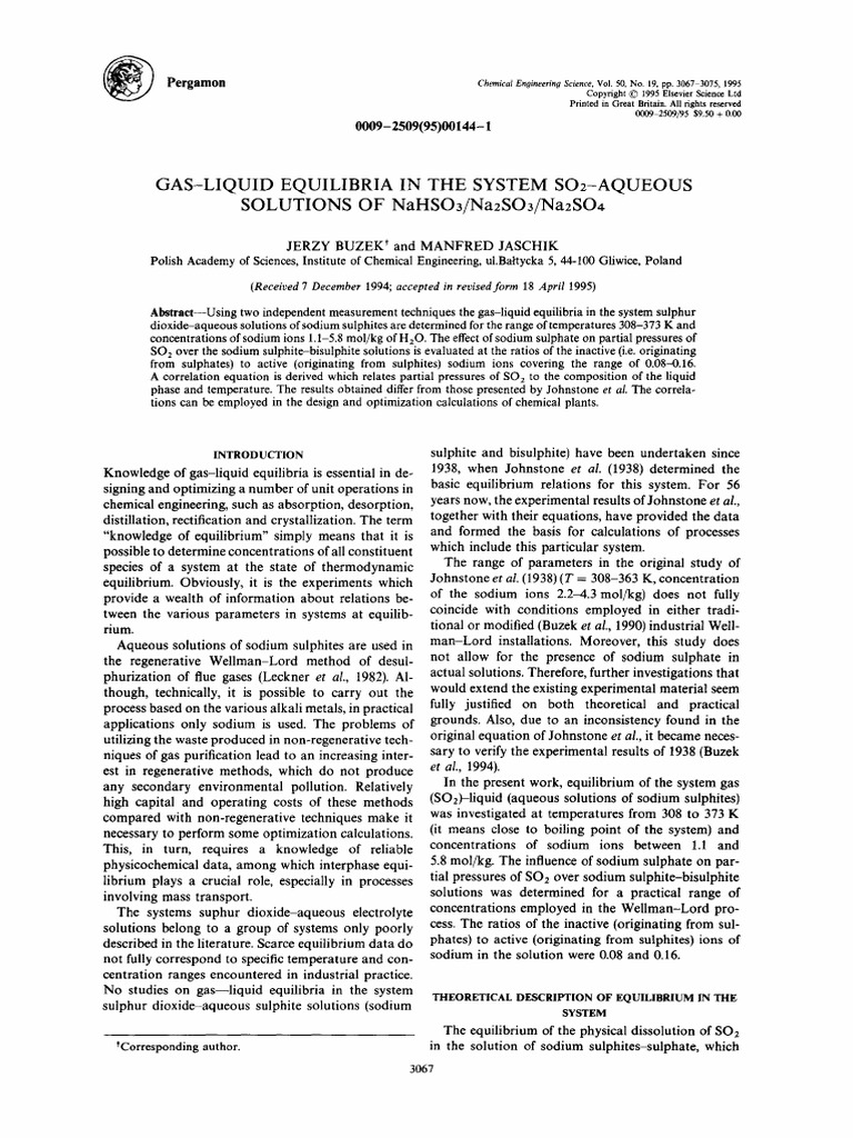 Gas Liquid Equilibria in The System So2 Aqueous Solutions of | PDF ...