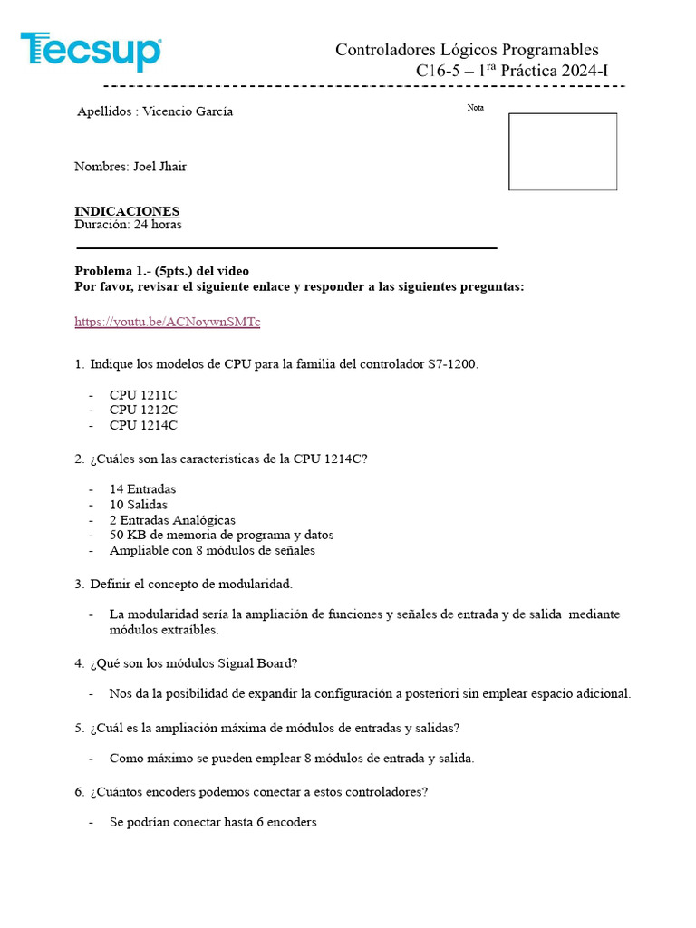 PLC Practica 1 2024-I C16-5 | PDF | Controlador lógico programable | Unidad Central de procesamiento