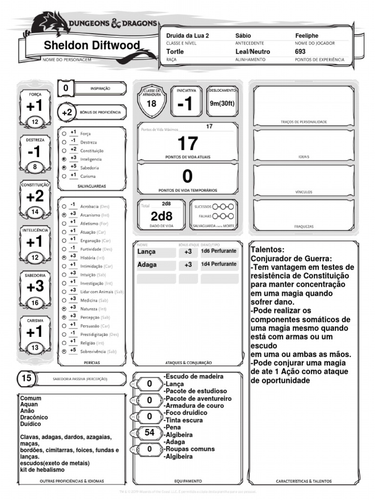 Ficha de D&D (Sheldon Driftwood) (Level 2) (Durante A Camapanha) | PDF