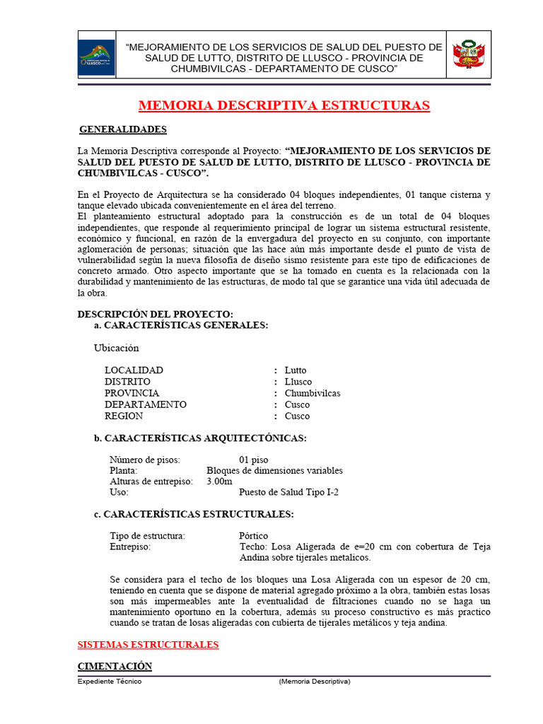 Memoria Descriptiva Estructuras | Descargar gratis PDF | Concreto reforzado | Fundación (Ingeniería)