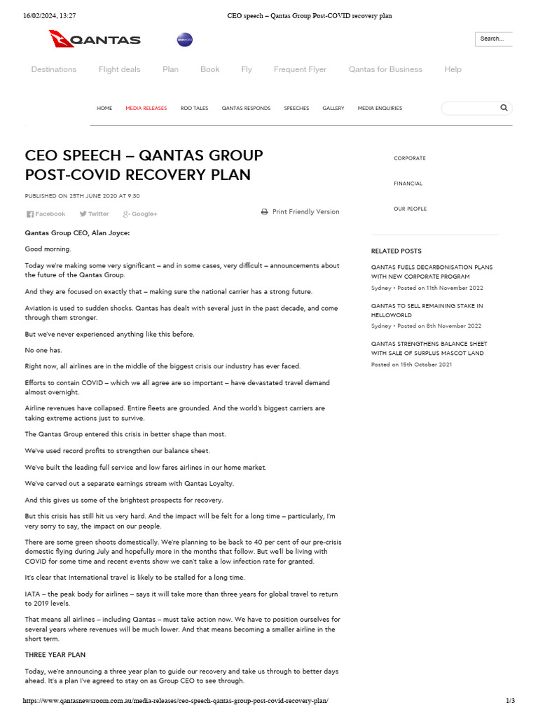 CEO speech – Qantas Group Post-COVID recovery plan | PDF | Airlines