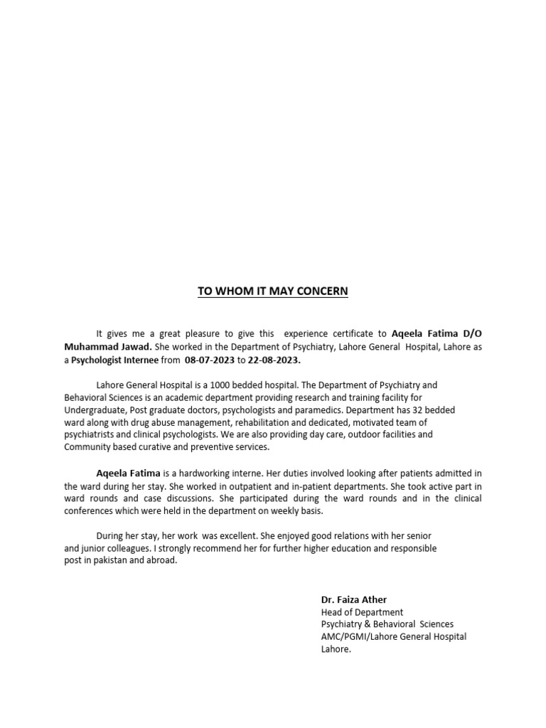 Psych Internee Testimonial Sample | PDF | Psychiatry | Patient