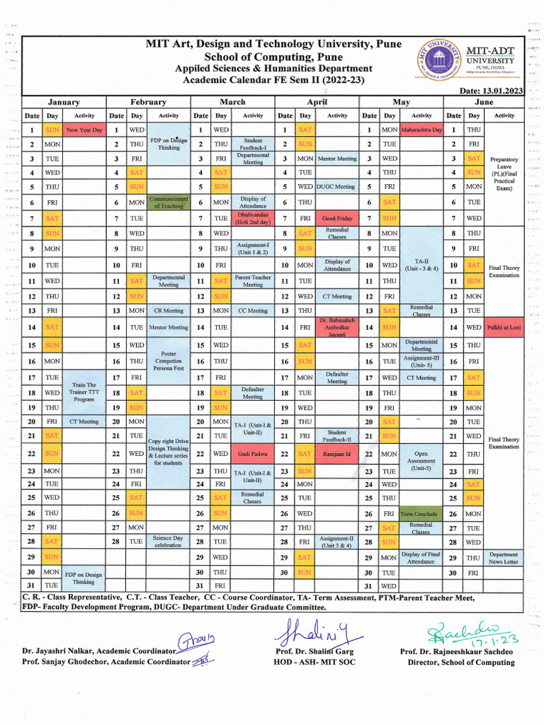 Academic Calender 2022-23 Sem-II | PDF