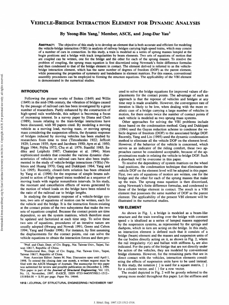 Vehicle-Bridge Interaction Element For Dynamic Analysis Asce | PDF | Bridge | Matrix (Mathematics)