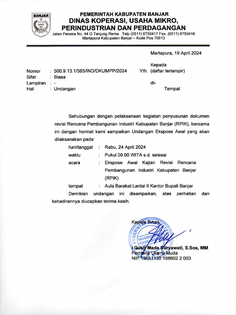 Surat Undangan Ekspose Awal Kajian RPIK Banjar 2024 | PDF