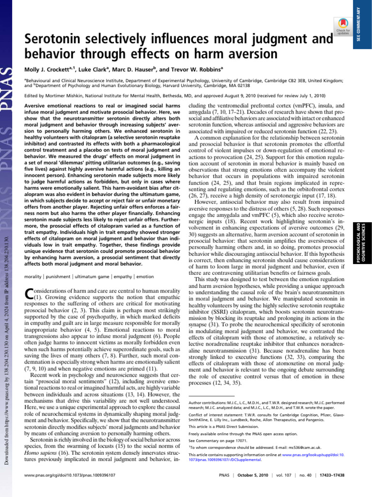 Crockett Et Al 2010 Serotonin Selectively Influences Moral Judgment and ...