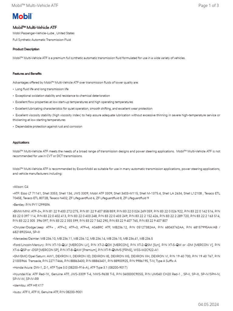 NA XX Mobil Multi Vehicle ATF | PDF | Exxon Mobil | Motor Vehicle