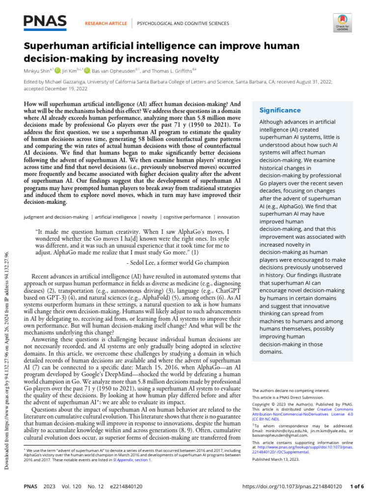 Shin Et Al 2023 Superhuman Artificial Intelligence Can Improve Human Decision Making by ...