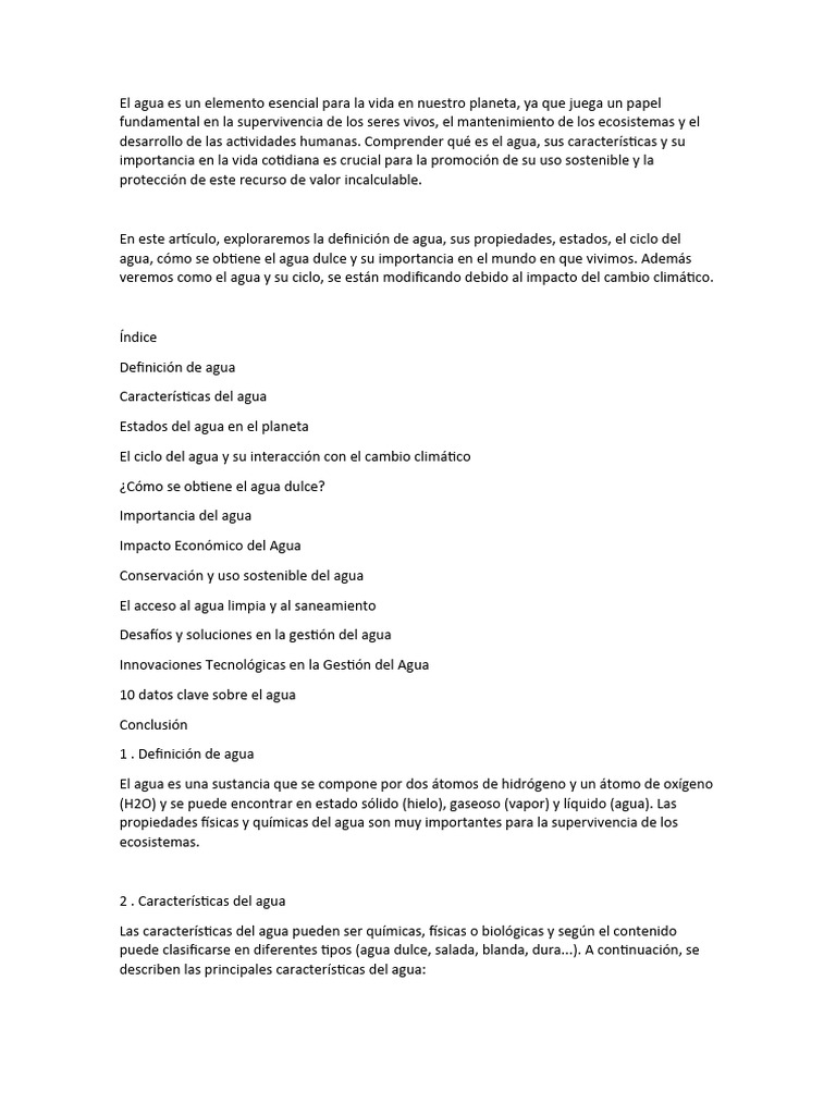 El Agua Es Un Elemento Esencial para La Vida en Nuestro Planeta | PDF | Agua | El ciclo del agua
