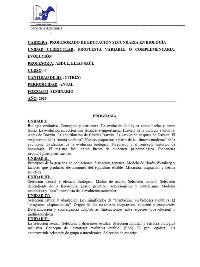 Programas PVC 2023 | Descargar gratis PDF | Evolución | Seleccion natural