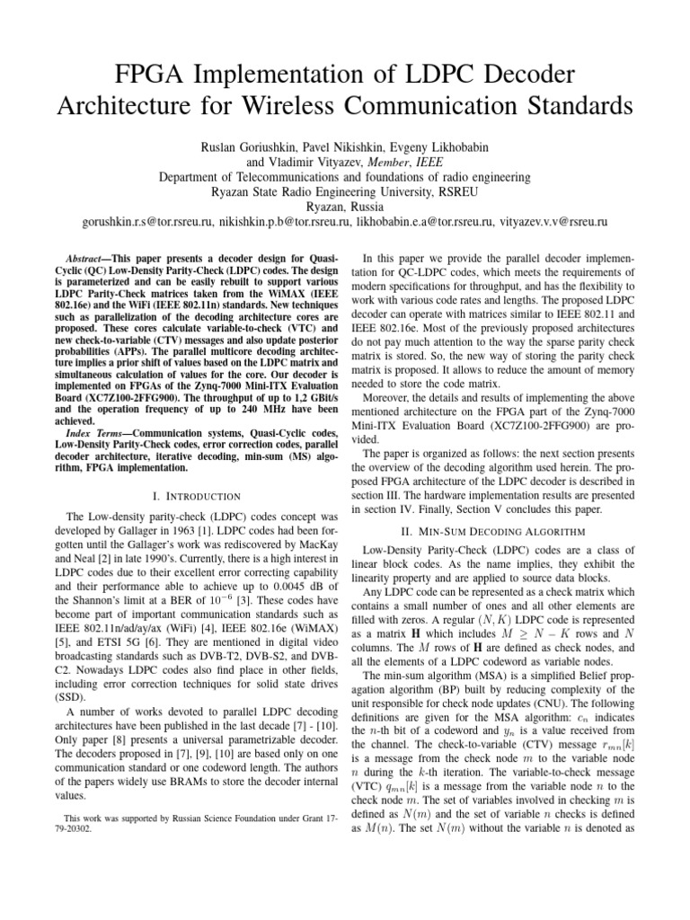 FPGA Implementation of LDPC Decoder Architecture For Wireless Communication Standards | PDF ...