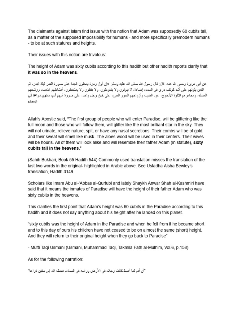 Height of Man Was 60 Cubits | PDF | Hadith | Abrahamic Religions