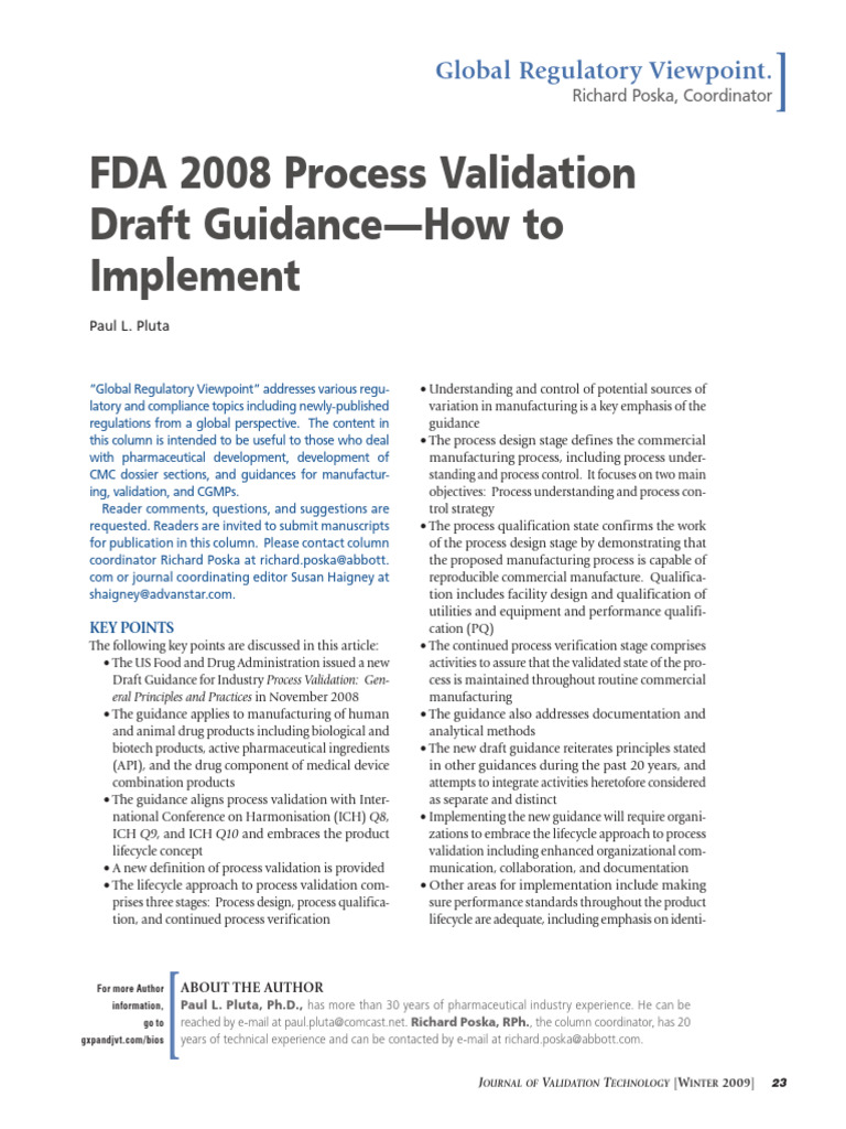 Fda 2008 Process Validation Draft Guidance How To Implement Pdf Verification And Validation