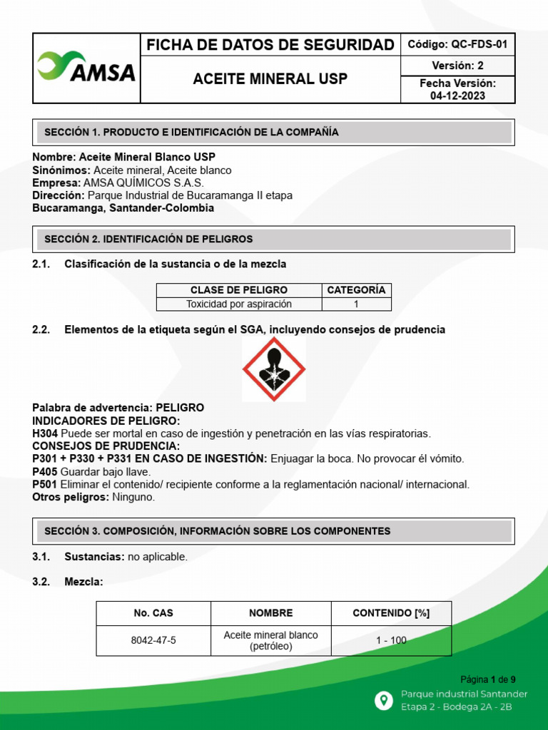 (QC-FDS-01) Aceite Mineral Usp | PDF | Residuos | Agua