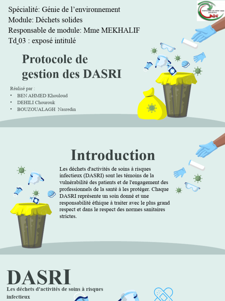 Protocole de Gestion Des DASRI: Réalisé Par: - BEN AHMED Khouloud - DEHILI Chourouk ...