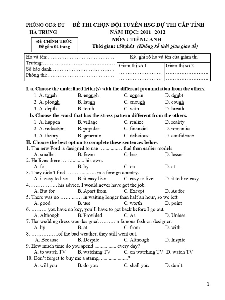 Deda Chon HSG Cap Tinh Mon Tieng Anh Huyen Ha Trung Nam Hoc 20112012 | PDF