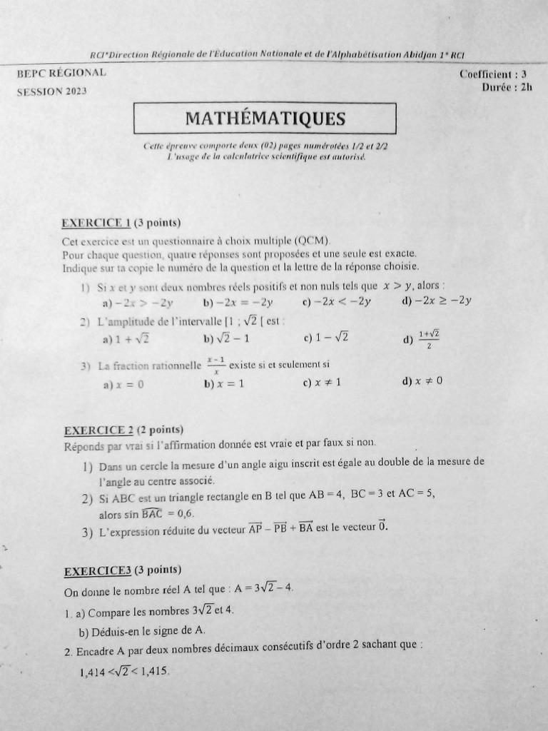 Épreuve de Mathématiques Bepc Blanc Régional Zone Abidjan 1 + Corro | PDF
