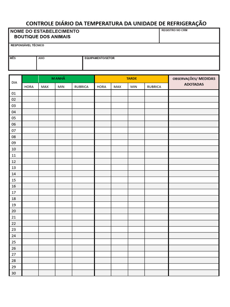 Modelo Planilha De Controle De Temperatura Pdf
