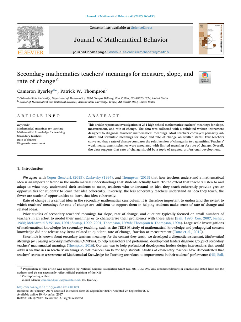 Secondary Mathematics Teachers' Meanings For Measure, Slope, and Rate ...