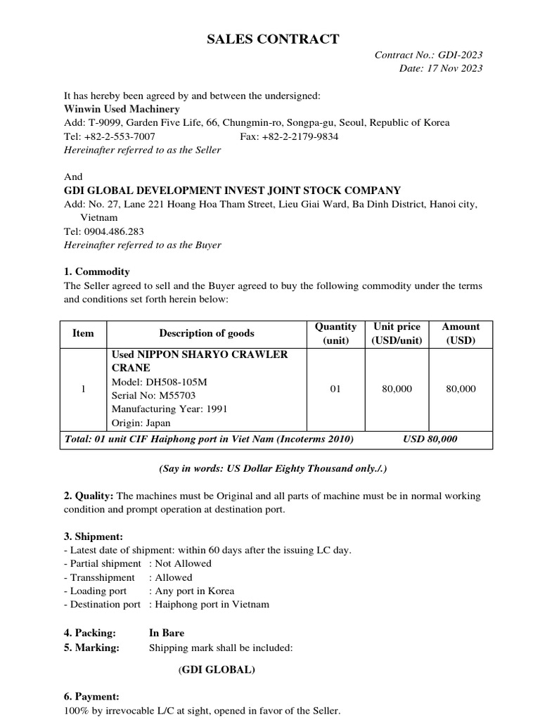 Used Machinery Sales Agreement | PDF | Business | Private Law