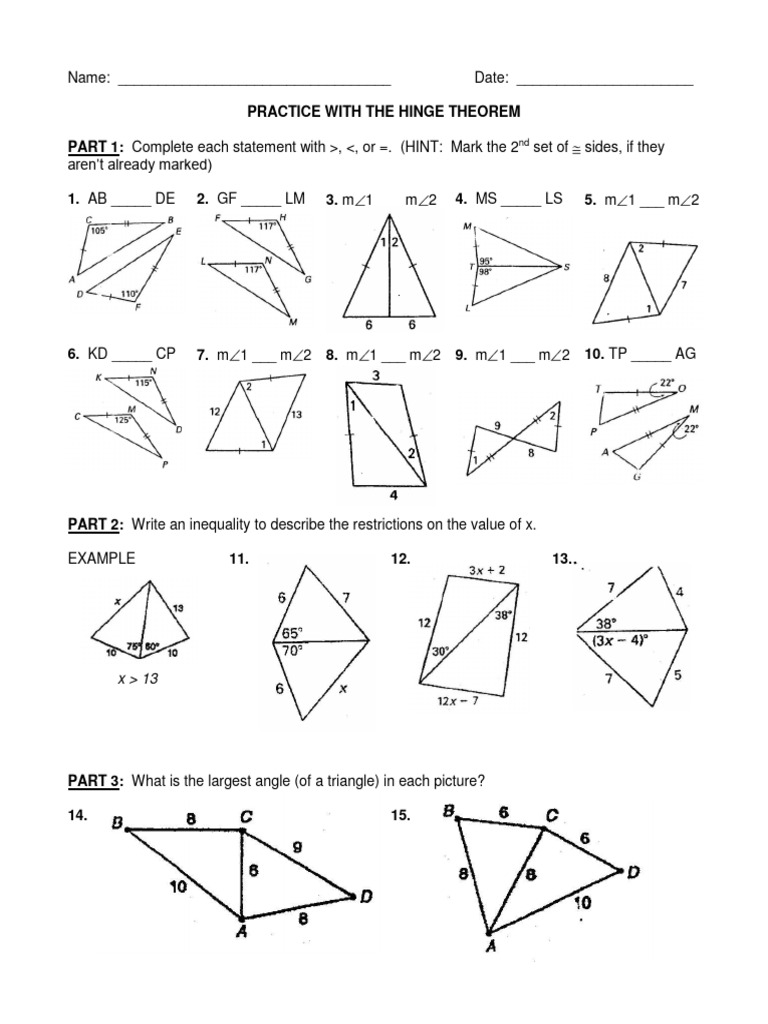 Hinge Theorem Worksheet | PDF