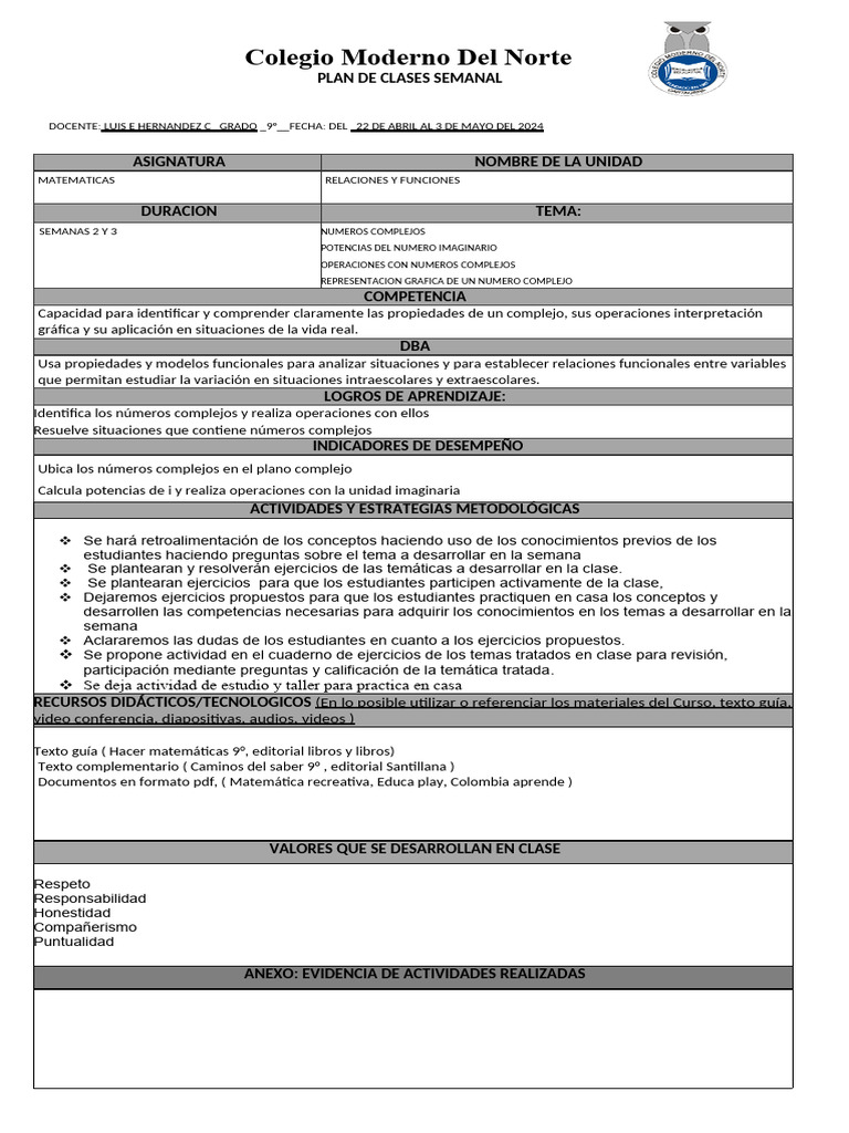 Plan de Clases 9° Semanas 2 y 3-Iip | PDF | Número complejo | Matemáticas