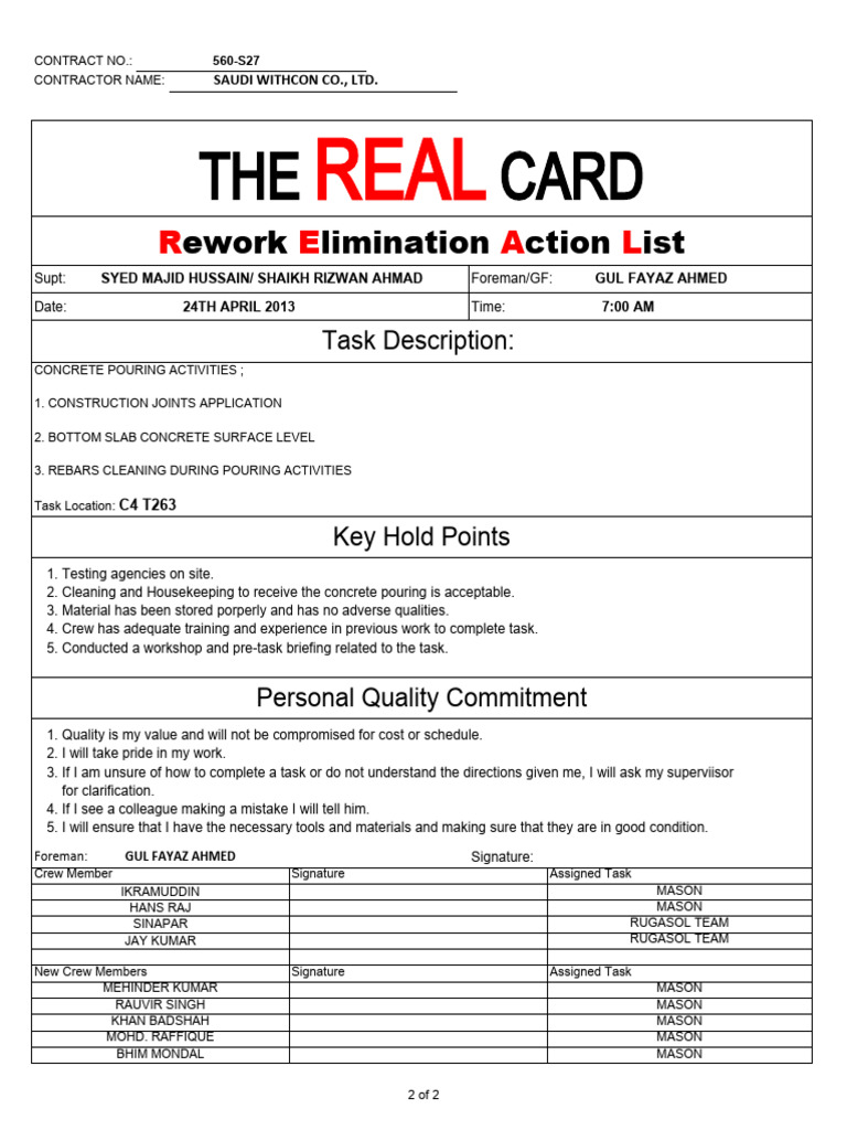 Rework Elemination Action List (REAL) Card - C4 T263 | Download Free ...