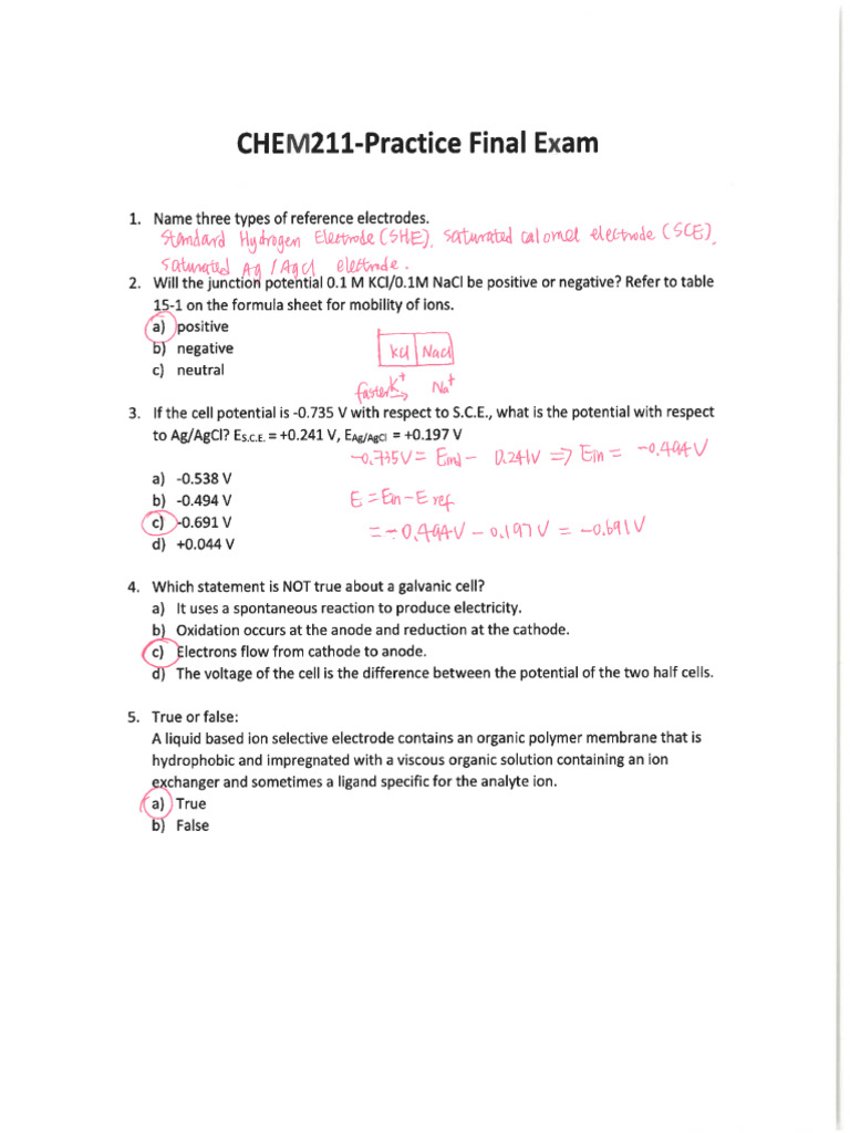CHEM 211-Practice Final Exam-Answer Key-FALL 2023 | PDF