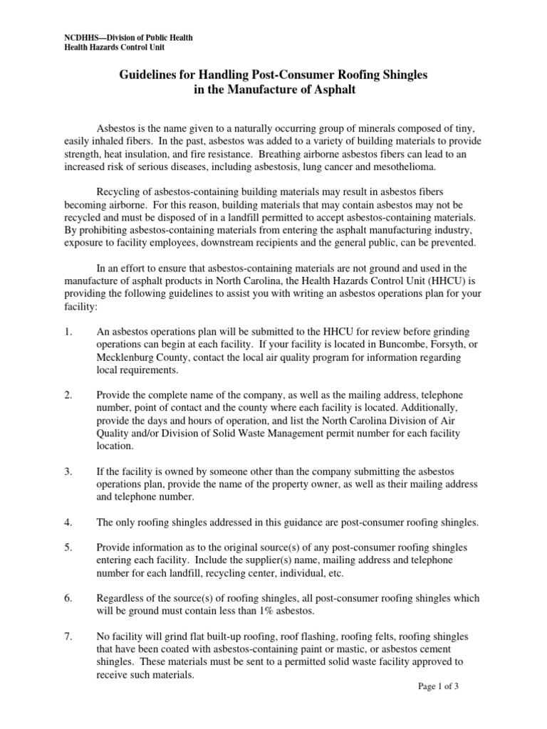NCAsphalt Shingle Guidance Doc 6-11 | PDF | Asbestos | Materials
