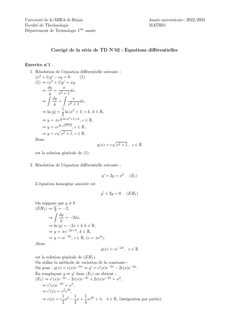 Corrigé TD Équations Différentielles | PDF | Objets mathématiques ...