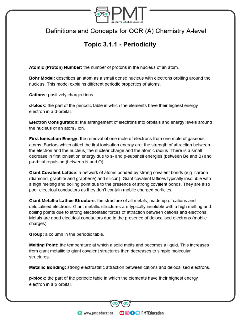 Definitions Topic 3.1.1 Periodicity OCR A Chemistry A Level | PDF ...