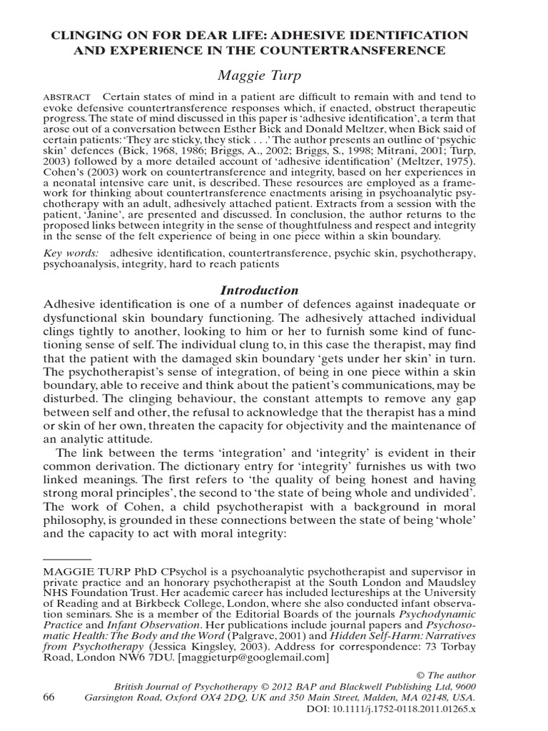 Brit J Psychotherapy - 2012 - Turp - CLINGING ON FOR DEAR LIFE ADHESIVE ...