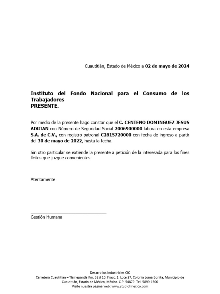 Carta Patronal Fonacot | PDF