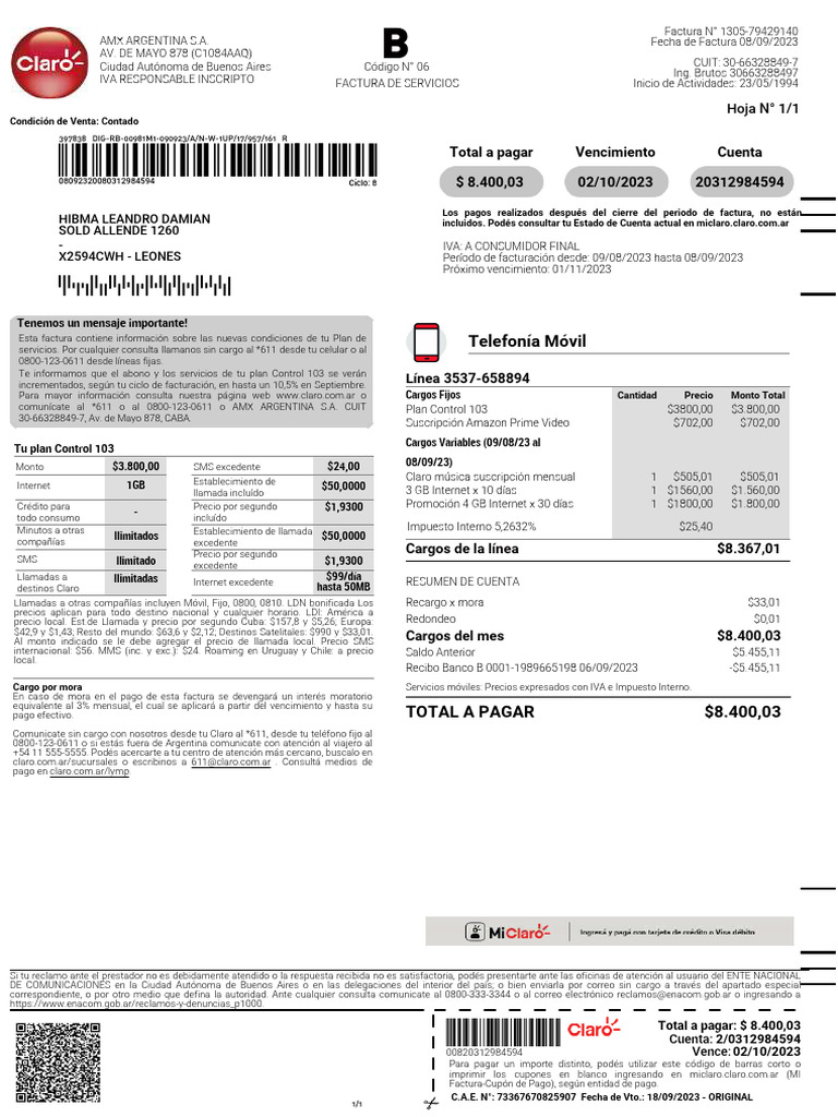 Factura Claro 09 2023 | PDF