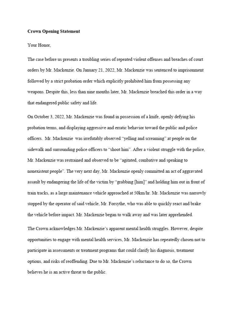 Crown Opening Statement | PDF | Assault | Mental Disorder