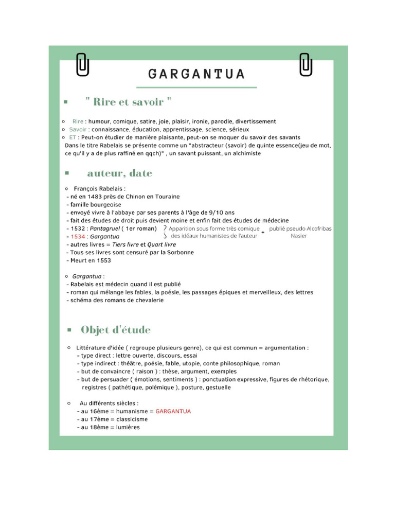 fiche de révision - gargantua | PDF