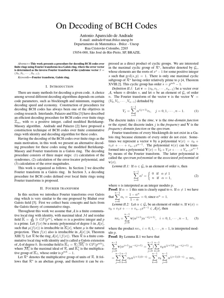 On Decoding of BCH Codes: Antonio Aparecido de Andrade | PDF | Ring (Mathematics) | Ring Theory