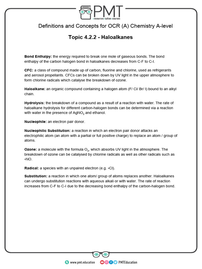 Definitions Topic 4.2.2 Haloalkanes OCR A Chemistry A Level | PDF