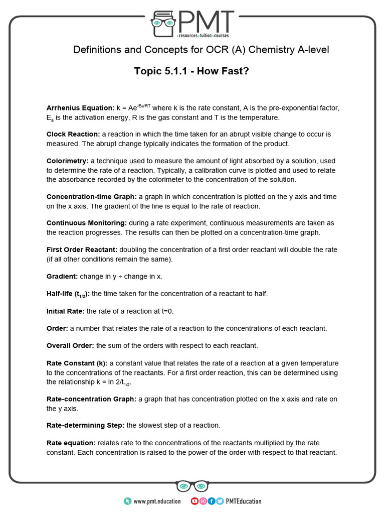 Definitions Topic 5.1.1 How Fast OCR A Chemistry A Level | PDF | Reaction Rate | Chemical Reactions