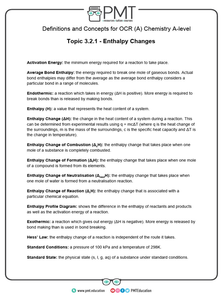Definitions Topic 3.2.1 Enthalpy Changes OCR A Chemistry A Level | PDF | Teaching Methods ...