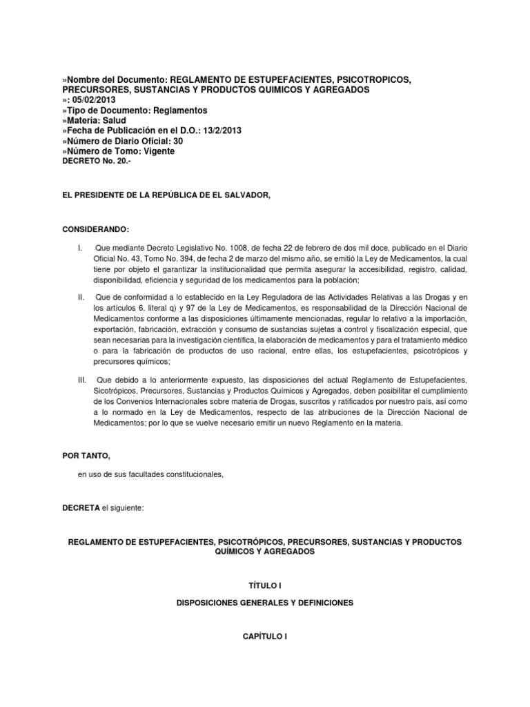 Reglamento sobre Estupefacientes y Psicótropos | PDF | Farmacia ...