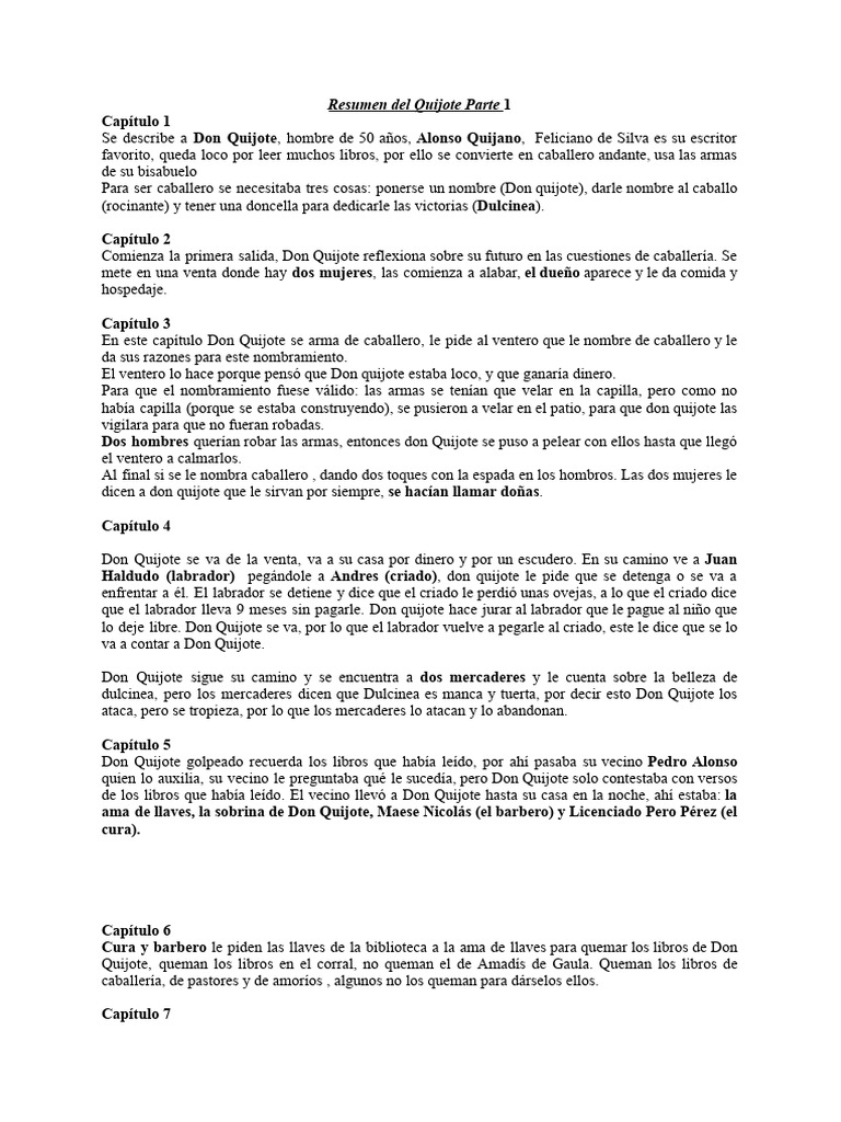 Resumen del Quijote parte 1 y 2 | PDF | Don Quijote | Caballero