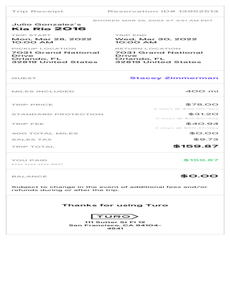 Turo Trip Receipt for Stacey Zimmerman | PDF
