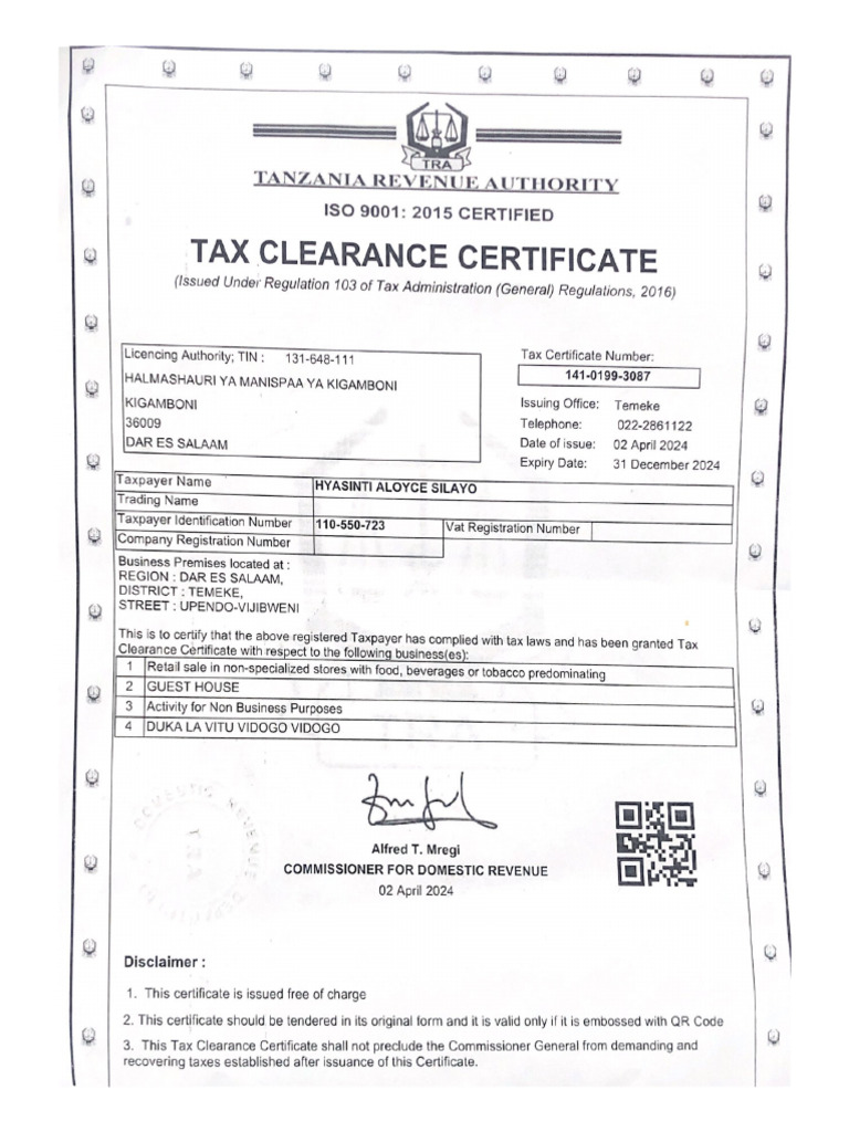 Tax Clearance Certificate | PDF