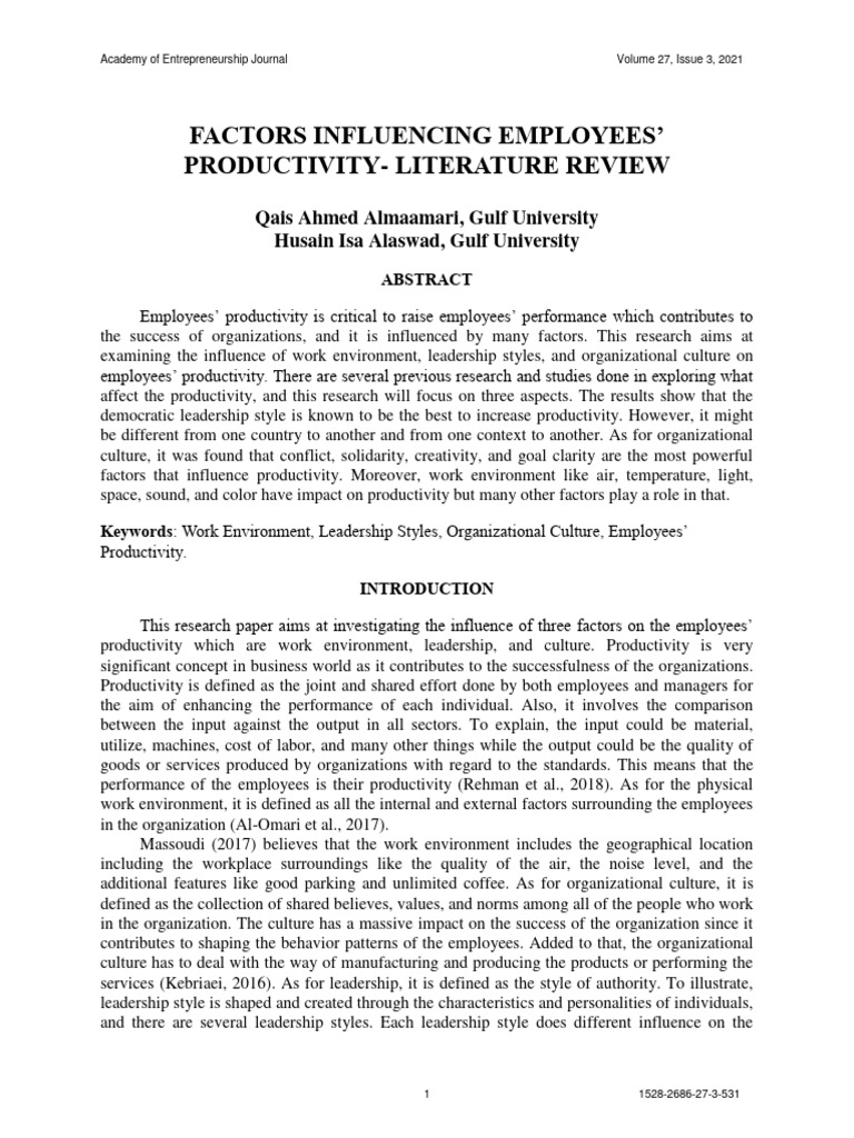 Factors Influencing Employees Productivity Literature Review 1528 2686 ... Factors Influencing Employees Productivity Literature Review 1528 2686 ...