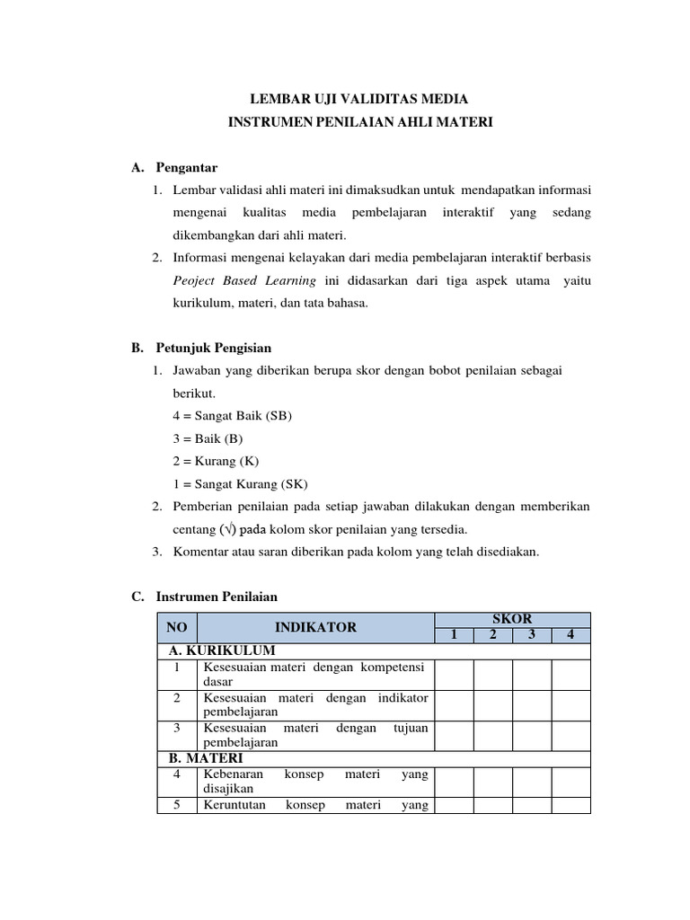 Lembar Uji Validitas Media Instrumen Penilaian Ahli Materi Angga | PDF