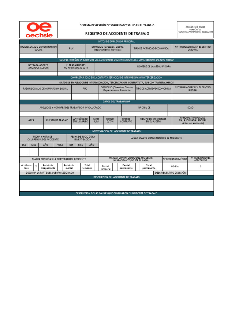 Seg - FR039 Registro - Accidentes | PDF | Empleo | Planificación Seg - FR039 Registro - Accidentes | PDF | Empleo | Planificación