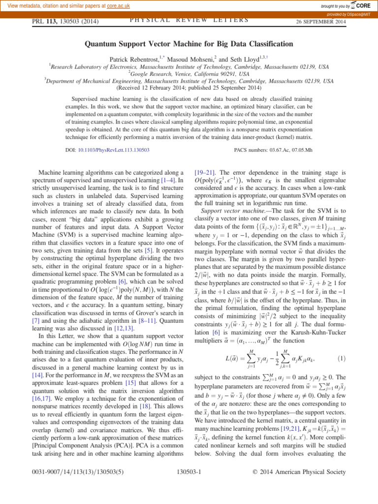 Quantum Support Vector Machine For Big Data Classification | PDF | Support Vector Machine ...