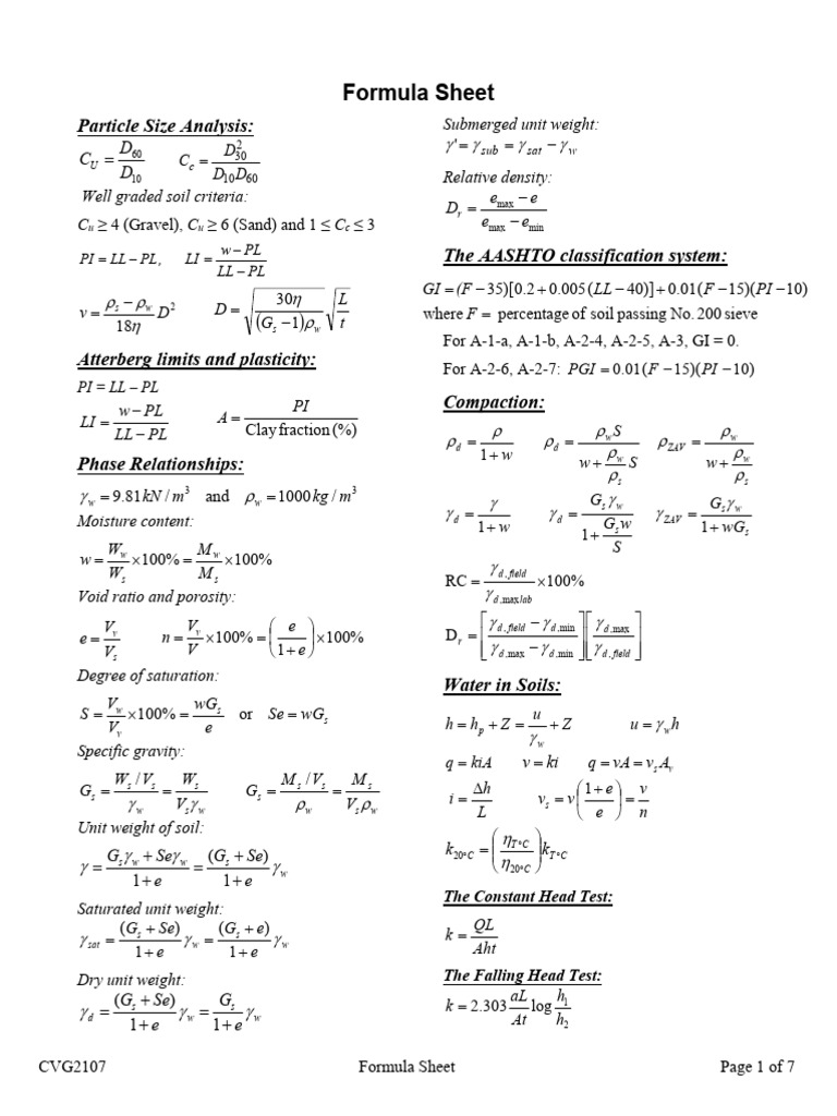 Geotechnical Engineering Formula Sheet | PDF | Geotechnical Engineering ...