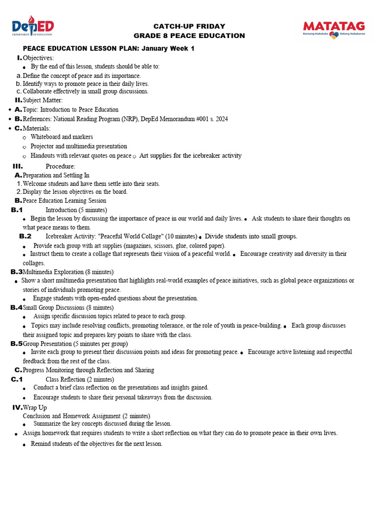 GRADE 8 LESSON PLAN PEACE | PDF | Conflict Resolution | Lesson Plan